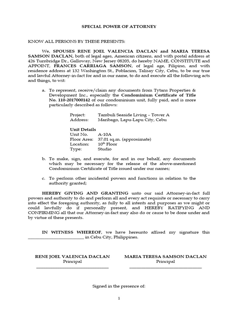 Daclan - Special Power of Attorney | PDF | Power Of Attorney | Legal ...