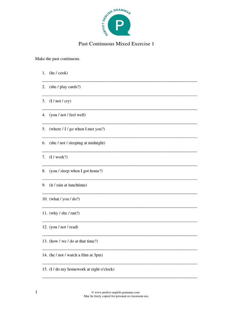 Past Continuous All Forms Mixed Exercise 1 | PDF