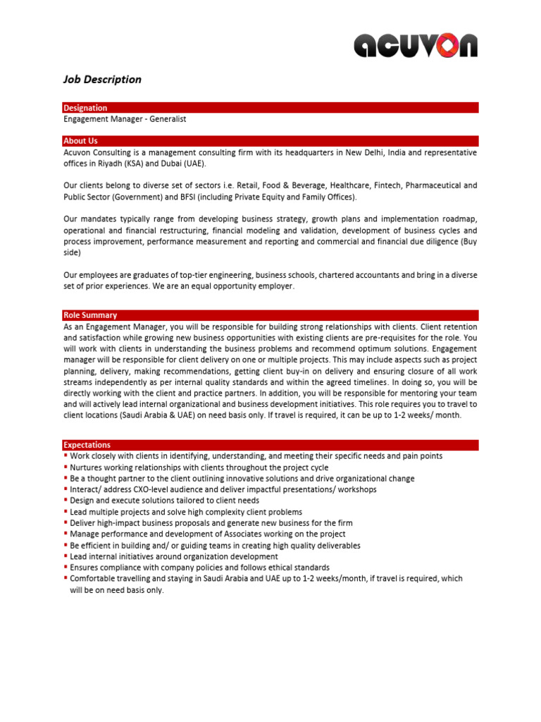Acuvon JD - Engagement Manager | PDF | Consultant | Employment