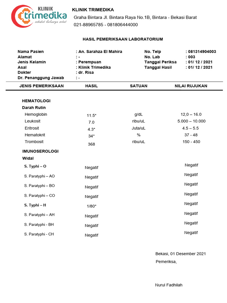 An. Sarahza El Mahira (DR & Widal) | PDF