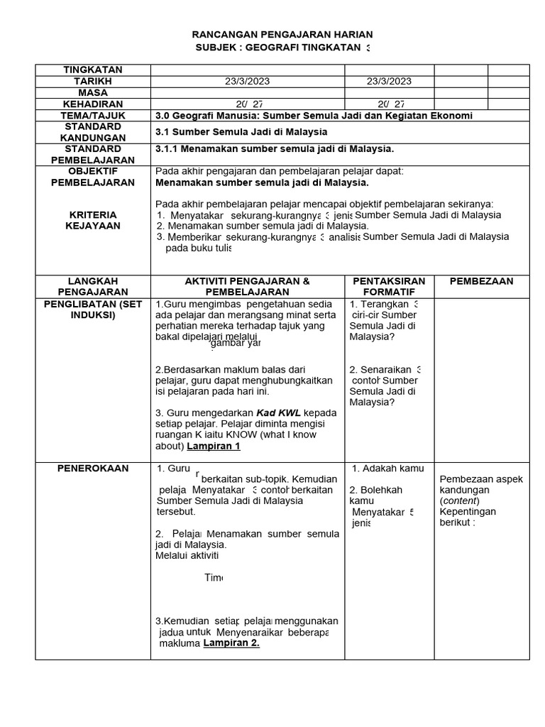 RPH MRSM - Geografi Tingkatan 3 03 | PDF