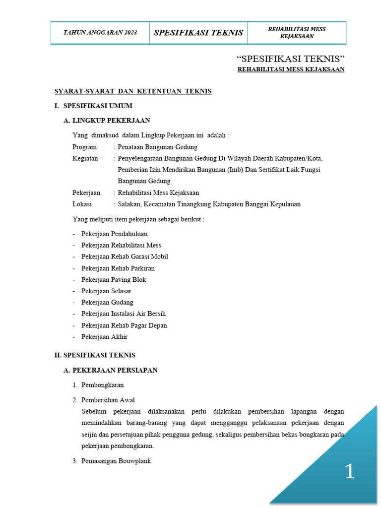 SPESIFIKASI TEKNIS Rehab Mess Kejaksaan | PDF