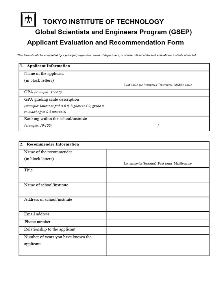 Applicant Evaluation and Recommendation Form 2024 | PDF | University And College Admission ...