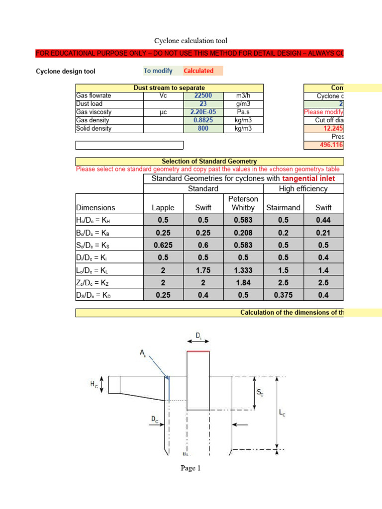 Cyclone Design Calculation Tool Simplified | PDF | Applied And ...