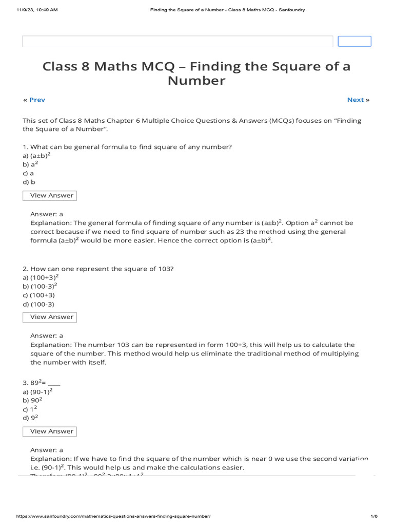 Finding The Square of A Number - Class 8 Maths MCQ - Sanfoundry | PDF ...