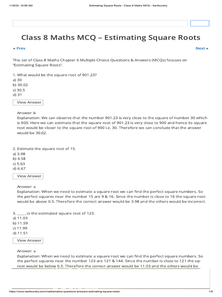 Estimating Square Roots - Class 8 Maths MCQ - Sanfoundry | PDF | Multiple Choice | Square Root