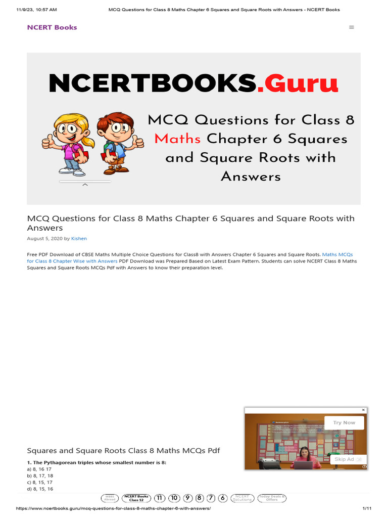 MCQ Questions For Class 8 Maths Chapter 6 Squares and Square Roots With ...