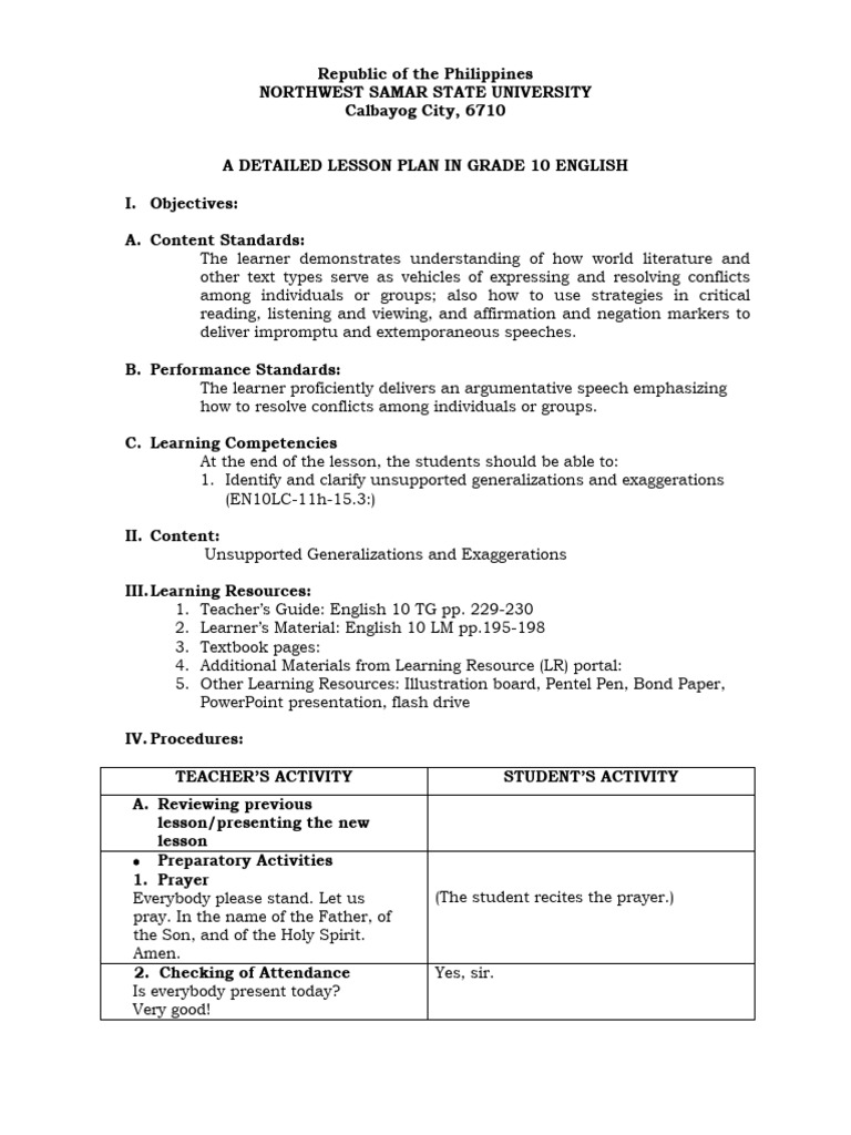 Sample Lesson Plan in English Using The | PDF | Lesson Plan | Prayer