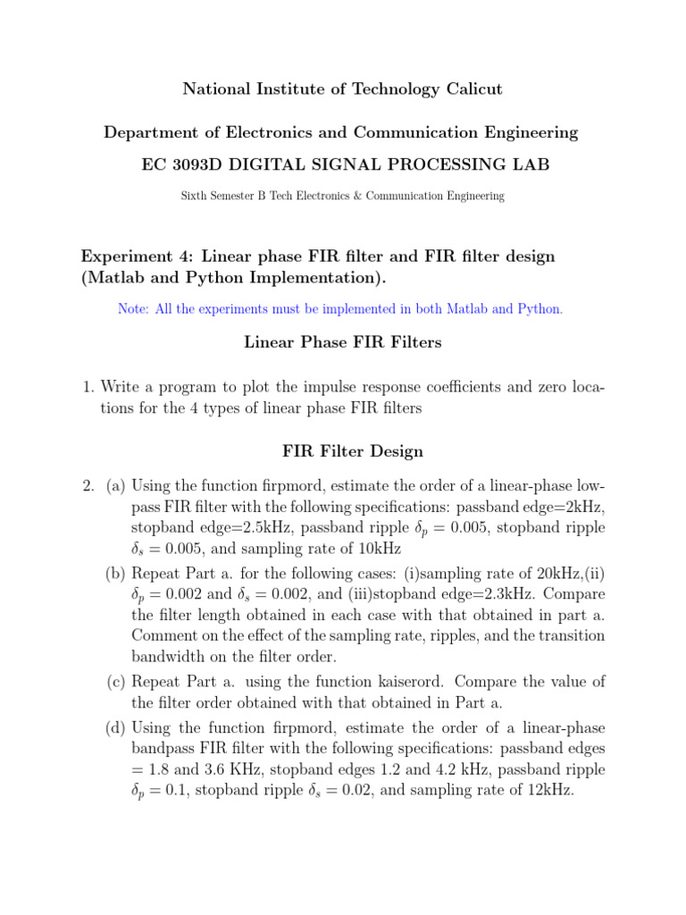 EC 3092 D DSP Exp4 | PDF | Filter (Signal Processing) | Telecommunications