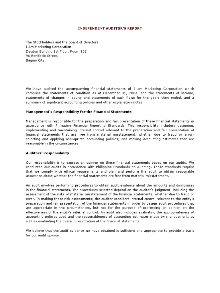 Independent Auditor's Report on I Am Marketing Corporation's 200a ...