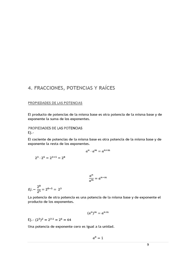 Fracciones, Potencias Y Raíces: Propiedades de Las Potencias | PDF | Ecuaciones | Exponenciación