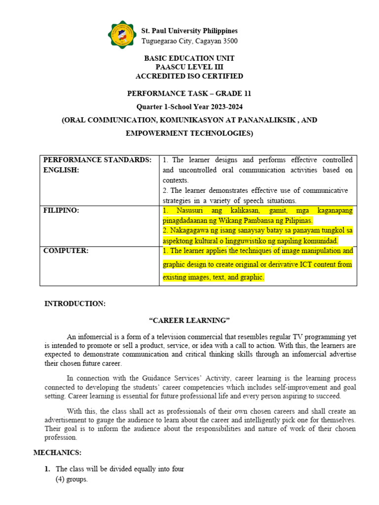 Oral Communication Performance Task | PDF | Learning | Educational Technology