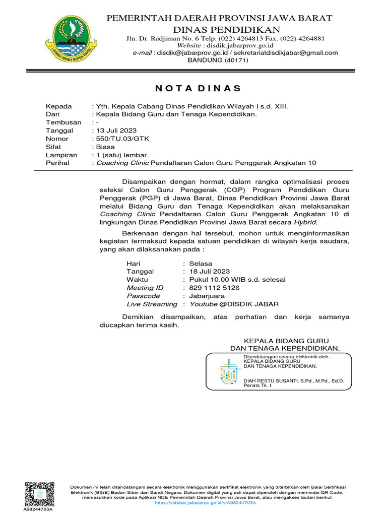 Nota Dinas - Kegiatan - Coaching - Clinic - Penda - 16072023180034 | PDF