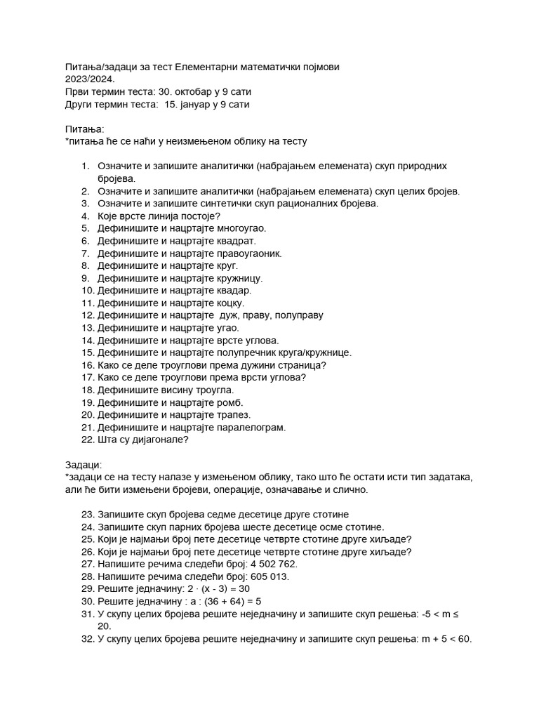 Pitanja - Zadaci Za Test 2023 - 24. | PDF