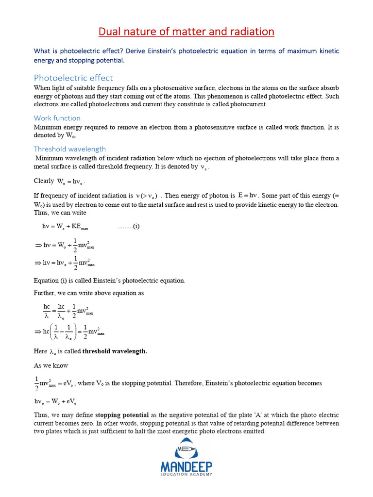 Dual Nature of Matter and Radiation Class 12 All Derivations | PDF ...
