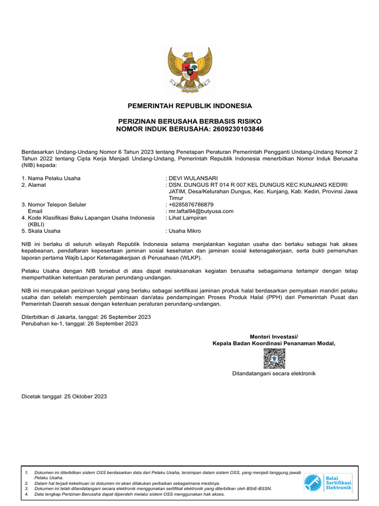 NIB Usaha Mikro: Devi Wulansari | PDF