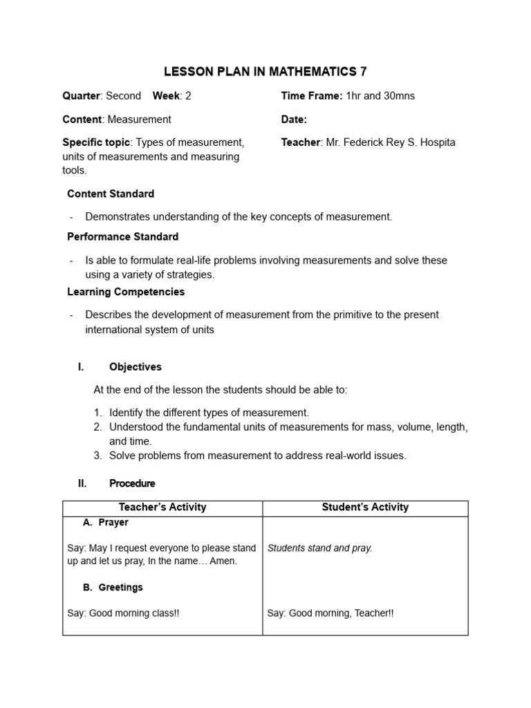 Lesson Plan in Mathematics 7 | PDF | Measurement | Volume