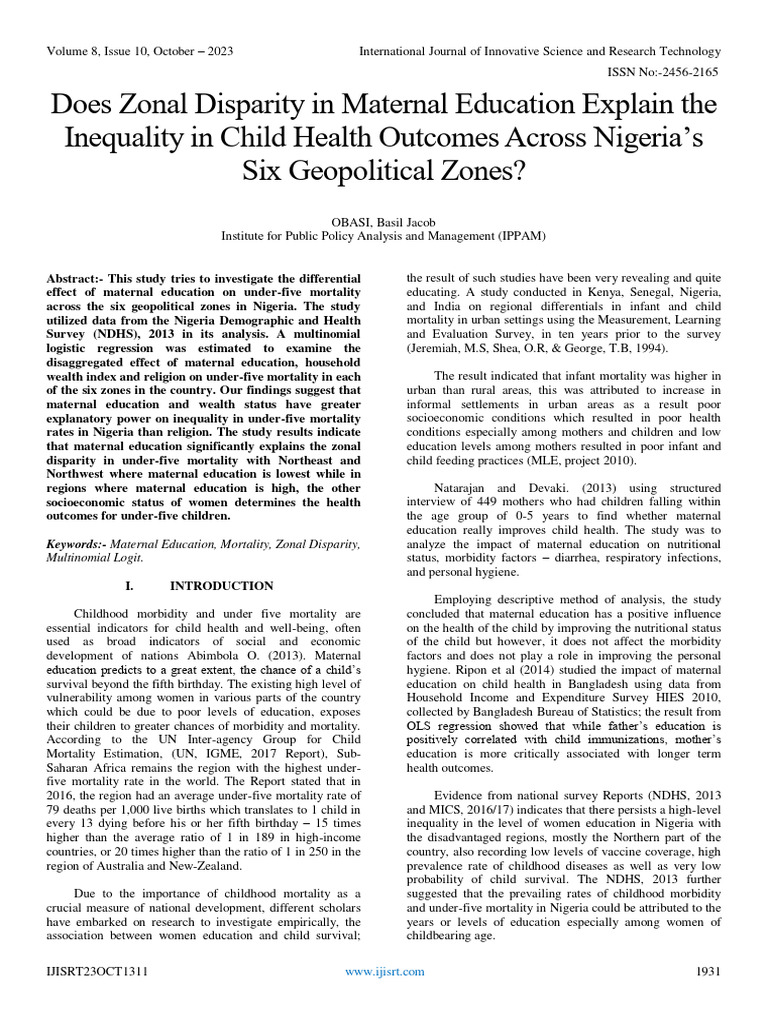 Does Zonal Disparity in Maternal Education Explain The Inequality in ... Does Zonal Disparity in Maternal Education Explain The Inequality in ...