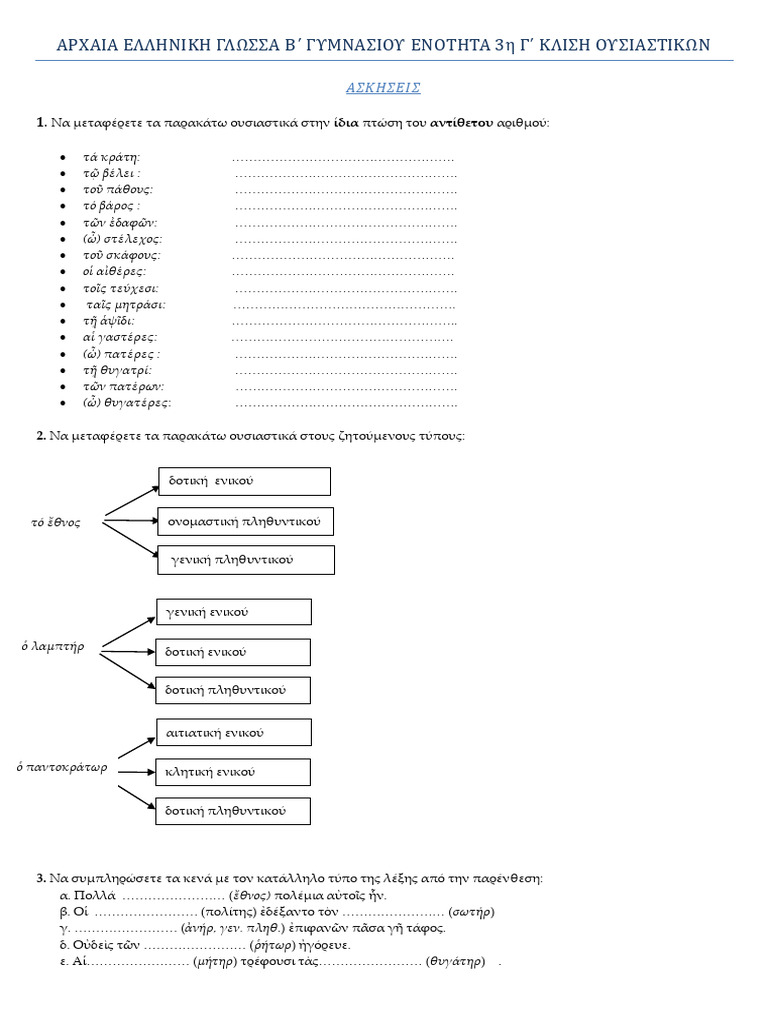 ΑΡΧΑΙΑ ΕΛΛΗΝΙΚΗ ΓΛΩΣΣΑ Β΄ ΕΝΟΤΗΤΑ 3η Γ΄ ΚΛΙΣΗ ΟΥΣΙΑΣΤΙΚΩΝ ΜΕΤΟΧΗ ...