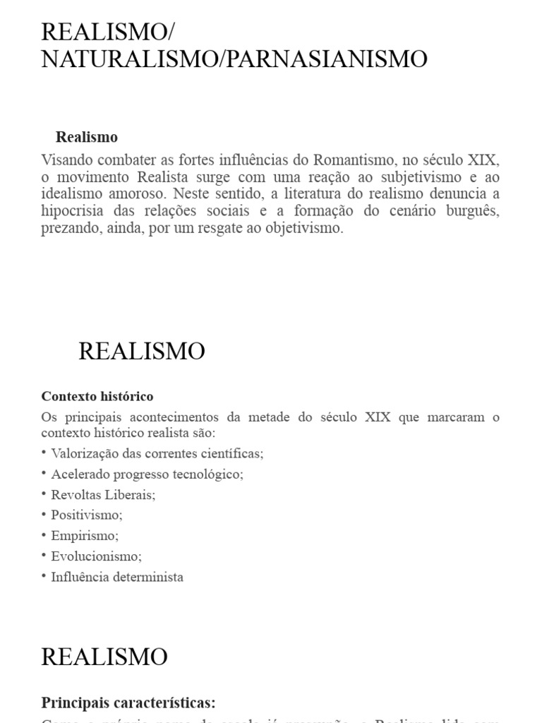 Comparativo: Realismo, Naturalismo e Parnasianismo | PDF | Realismo ...