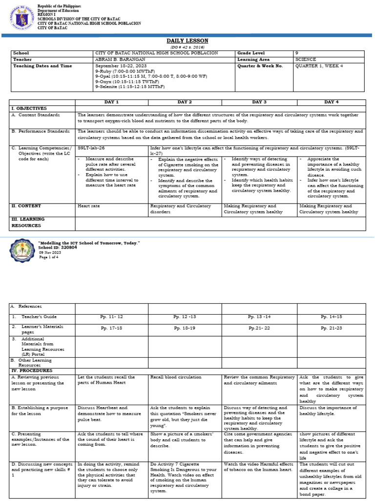 Science 9 Q1 W4 | PDF | Learning | Heart