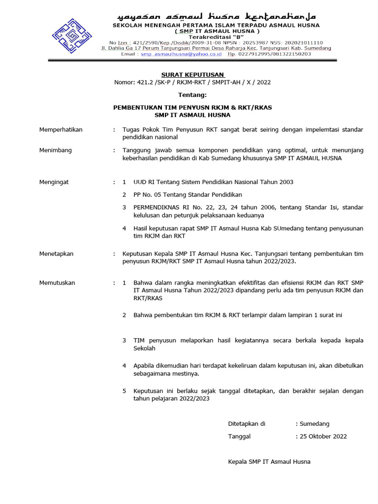 SK TIM PENYUSUN RKJM, Dan RKT | PDF