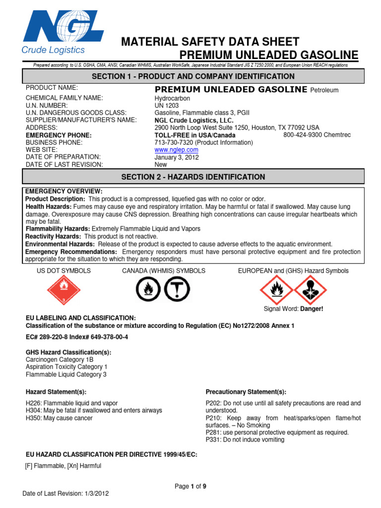 NGL Premium Unleaded Gasoline MSDS 1 3 2012 | Download Free PDF | Hazardous Waste | Dangerous Goods