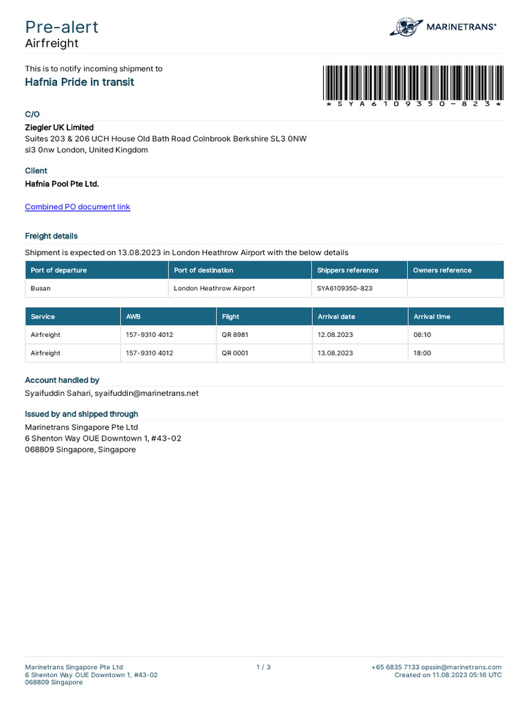 Pre Alert SYA6109350 823 1 | PDF | Cargo | Freight Transport