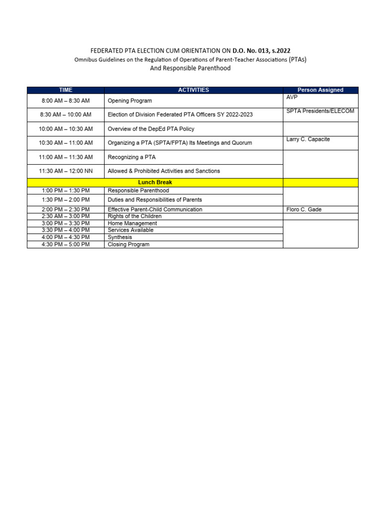 PTA Election and Orientation Agenda | PDF | Wellness