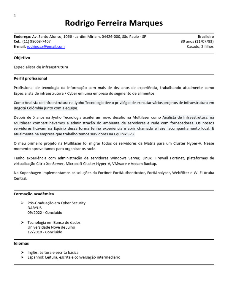 CV Rodrigo - Ferreira - Marques 2023 v1 | PDF | Hyper V | Windows Server 2008