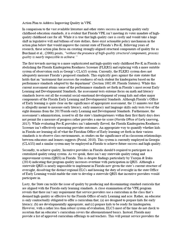 Action Plan To Address Improving Quality in VPK | PDF | Preschool ...