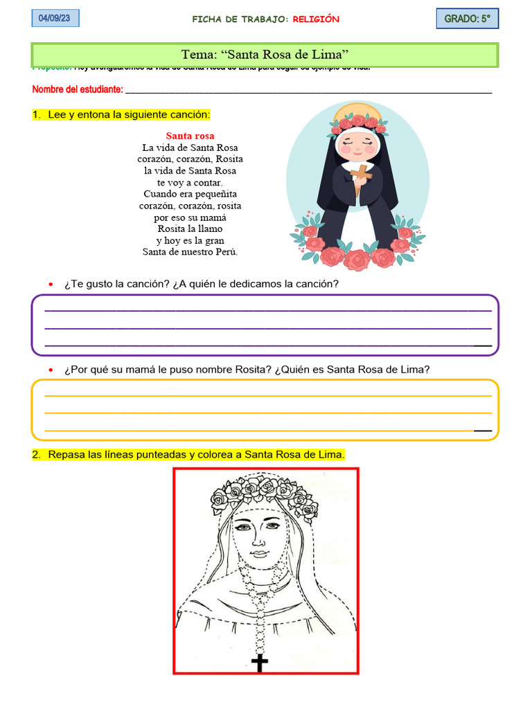 6° Ficha de Trabajo 28 de Agosto Religión | PDF