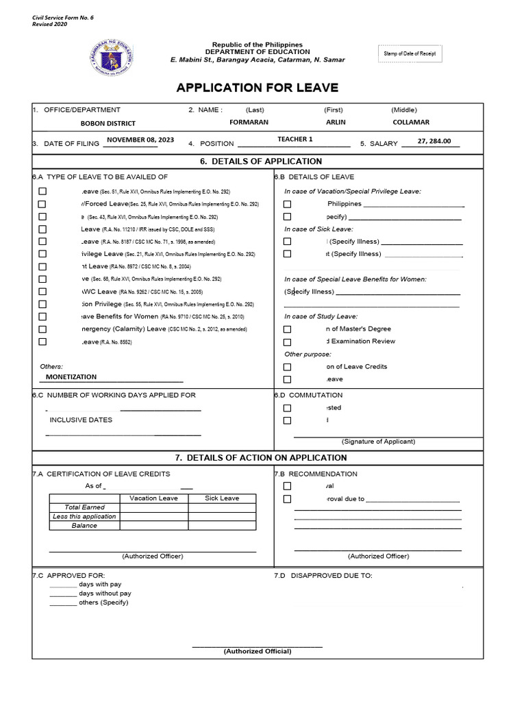 Civil Service Form No.6 Revised 2020 Application For Leave 1 | PDF | Parental Leave | Sick Leave