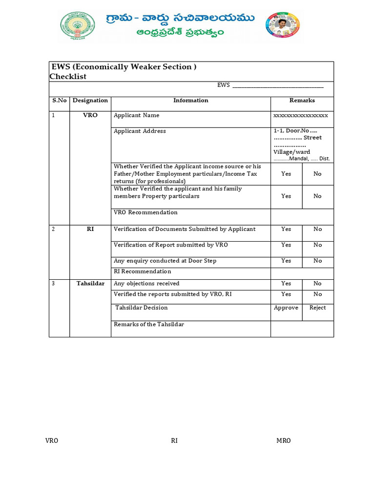 EWS Check List For VRO | PDF