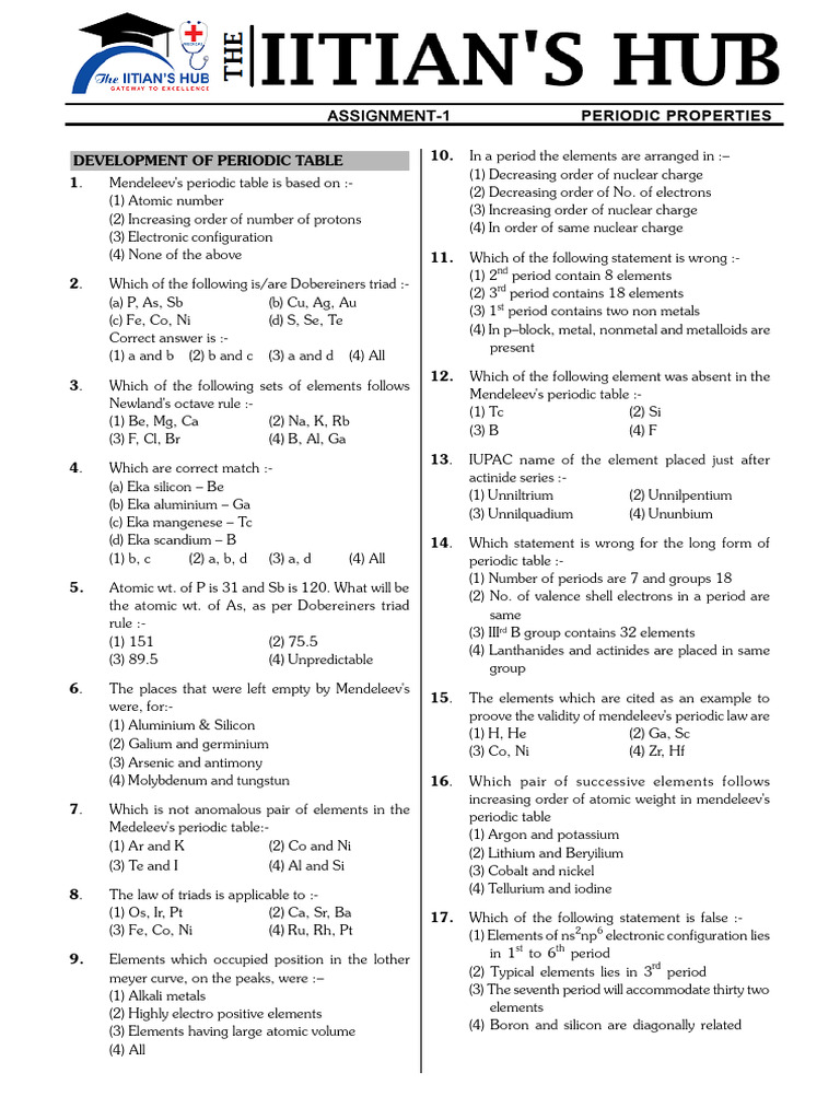 Periodic Properties Assignment-1 | PDF | Periodic Table | Chemical Elements