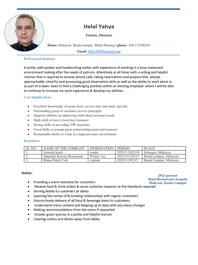 Waiter CV | PDF | Waiting Staff | Menu