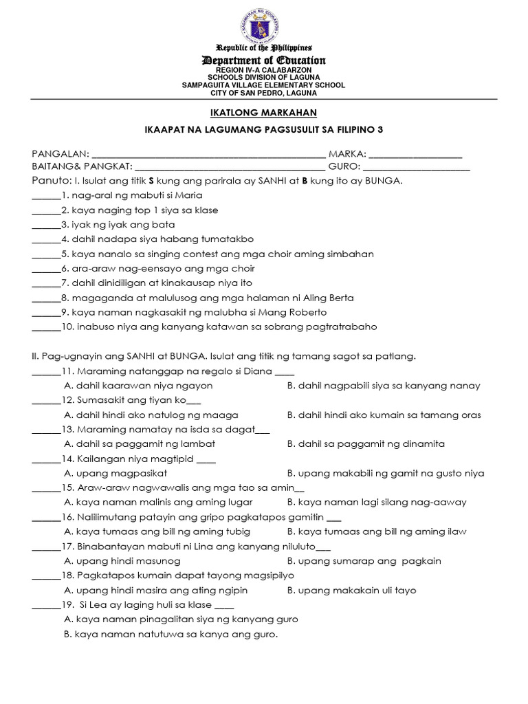 4th SUMMATIVE TEST FILIPINO 3 | PDF