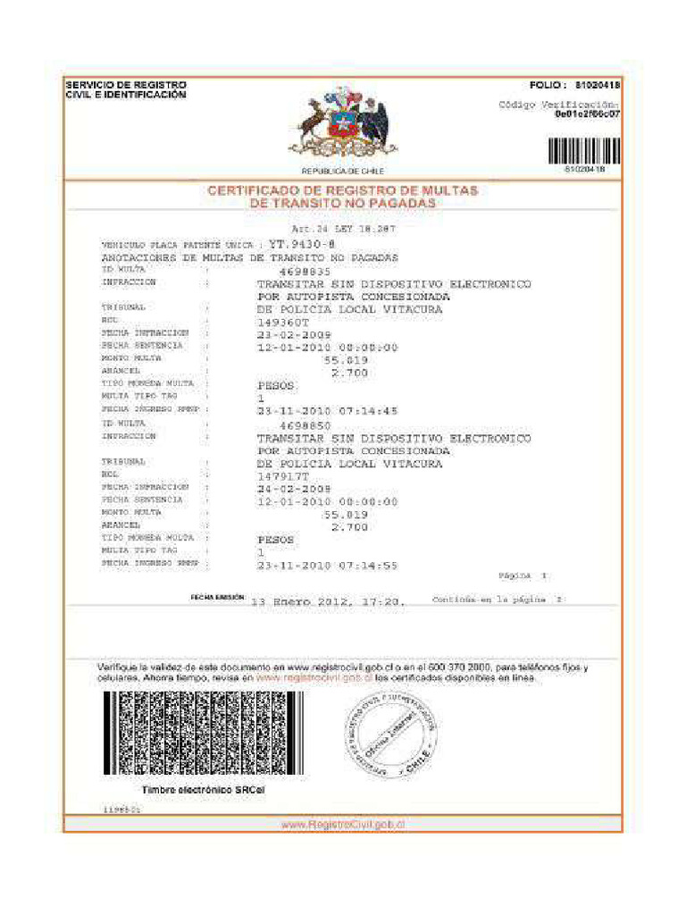 Certificado de Registro de Multas de Transito No Pagadas Autofren | PDF