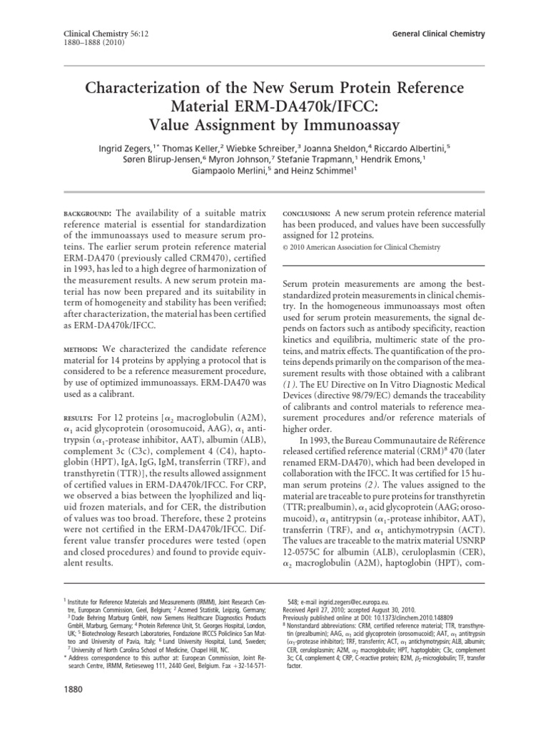 Characterization of The New Serum Protein Reference Material Erm Da470k Ifcc Value Assignment by ...