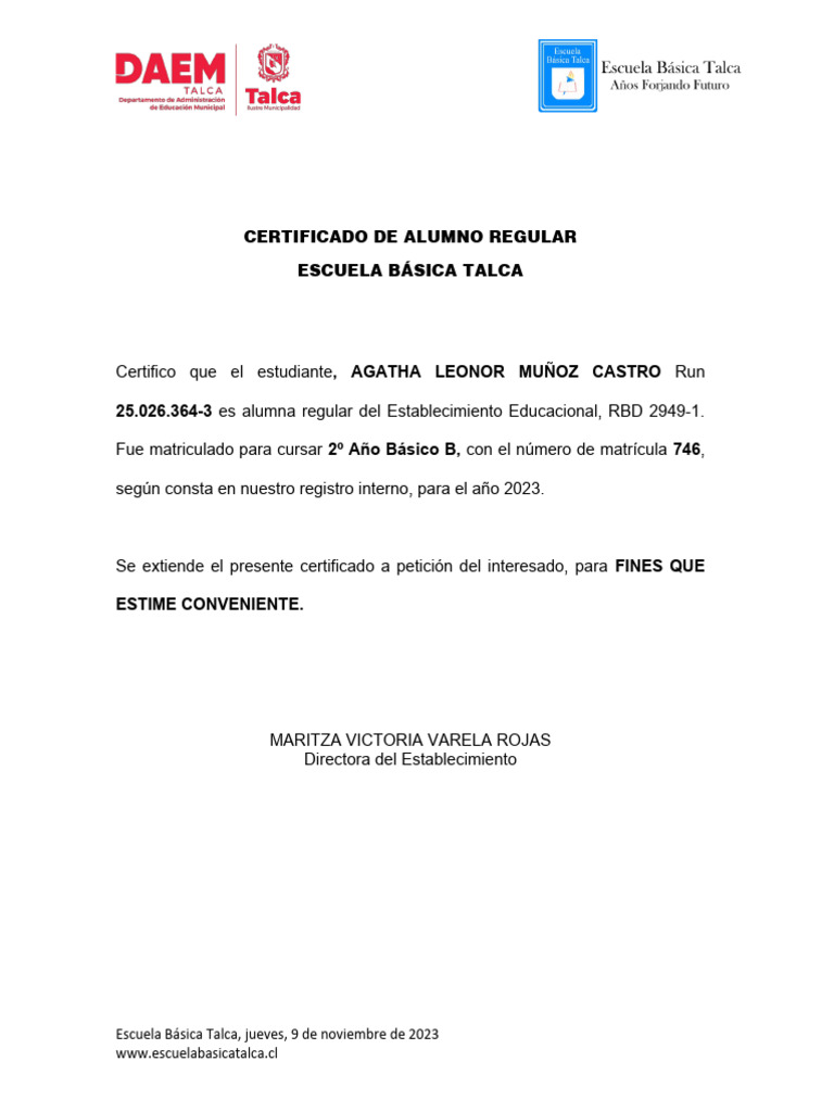 Formato Actualizacion de Certificado 2023 Alumno Regular | PDF