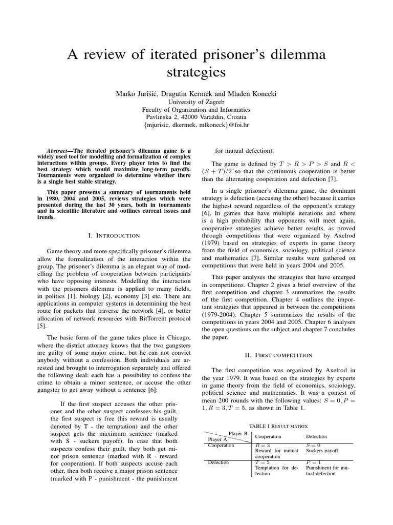 Jurisic - A Review of Iterated Prisoner's Dilemma Strategies | PDF | Game Theory | Economics Of ...