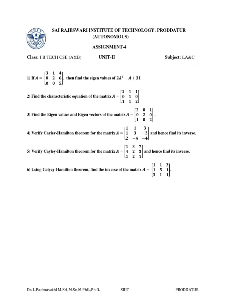 Matrix Eigenvalues and Inverses Assignment | PDF | Teaching Methods & Materials