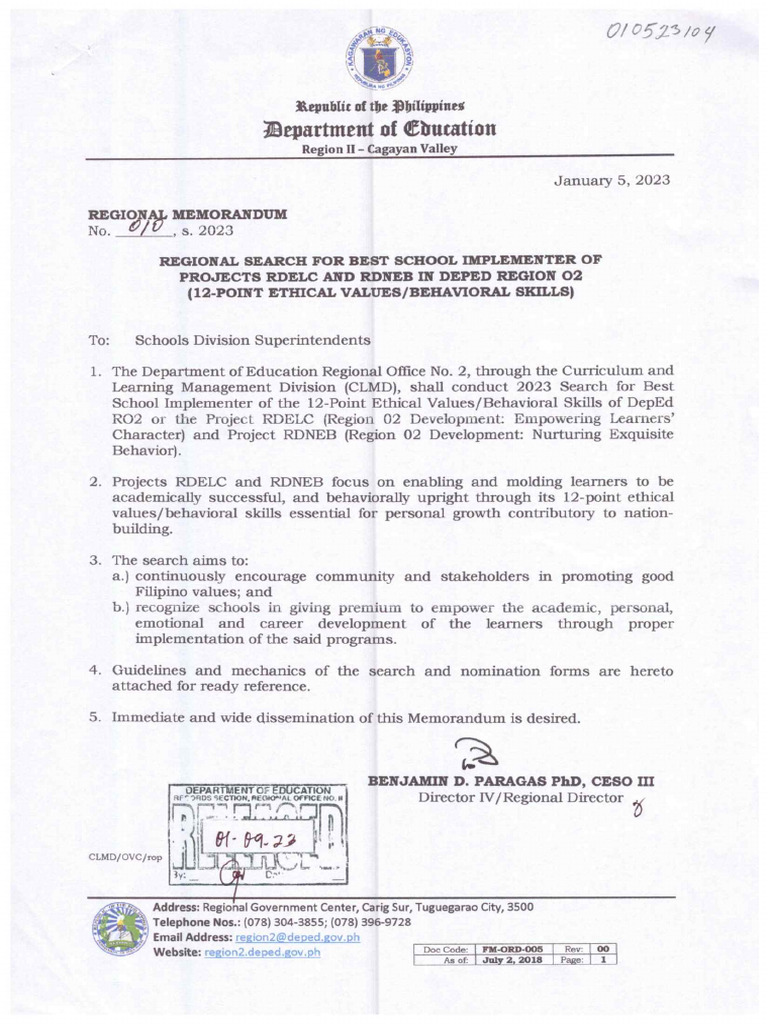 Rm. No. 010 S. 2023 Regional Search For Best School Implementer of ...