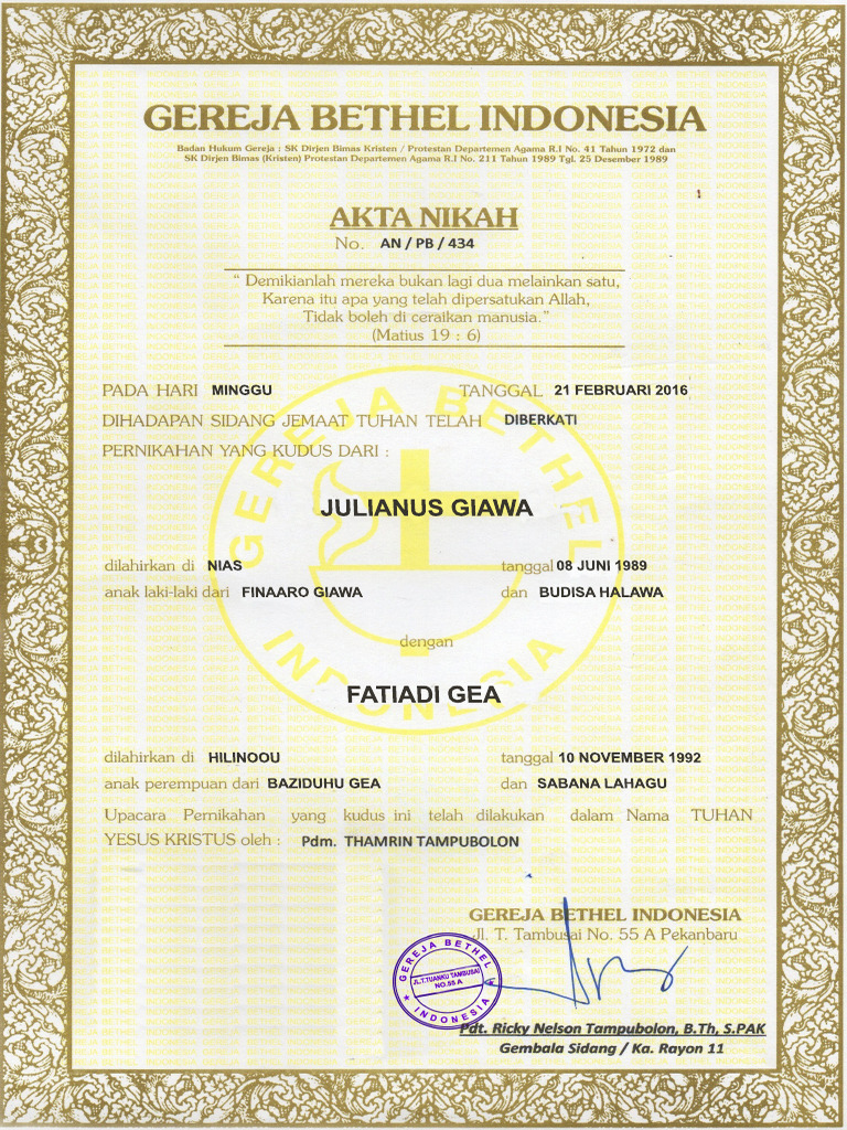 Akte Nikah Gereja Julianus Giawa | PDF