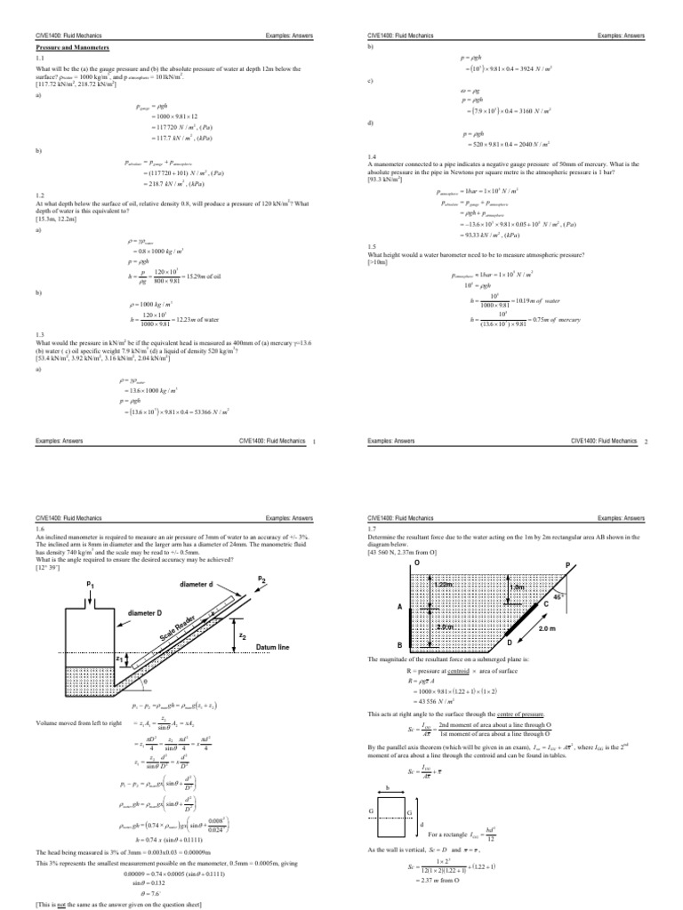 CIVE1400 Fluid Mechanics Examples Answer | PDF | Pressure Measurement ...