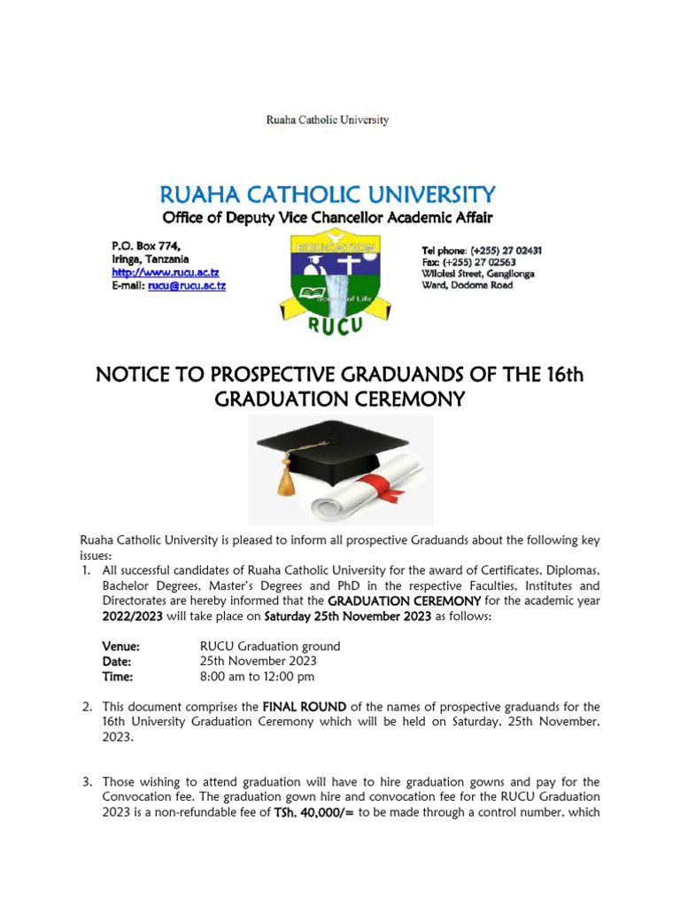 RUCU 2023 Graduation Ceremony Notice | PDF | Graduation | Academia