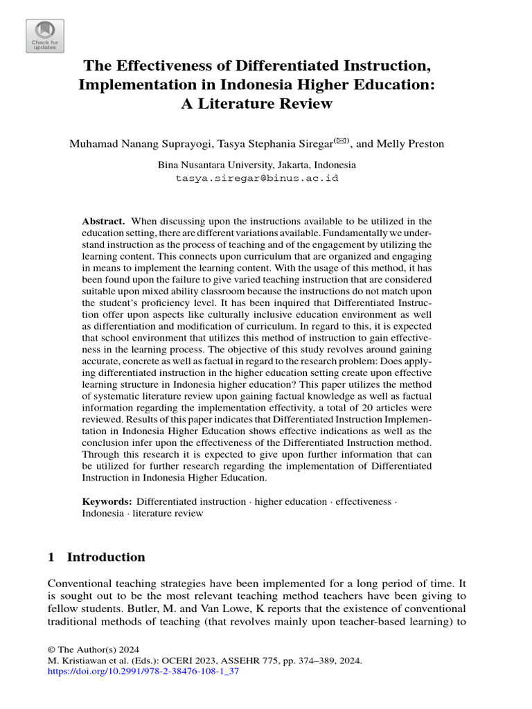 The Effectiveness of Differentiated Instruction Implementation in Indonesia Higher Education A ...