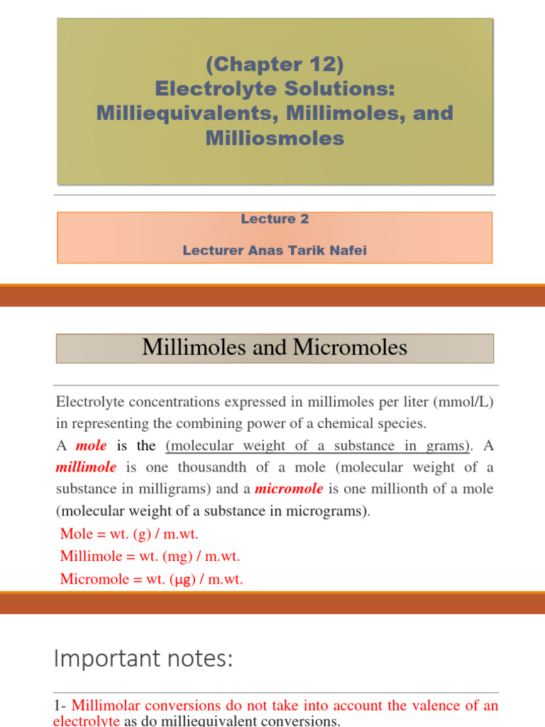 (Chapter 12) Electrolyte Solutions: Milliequivalents, Millimoles, and ...