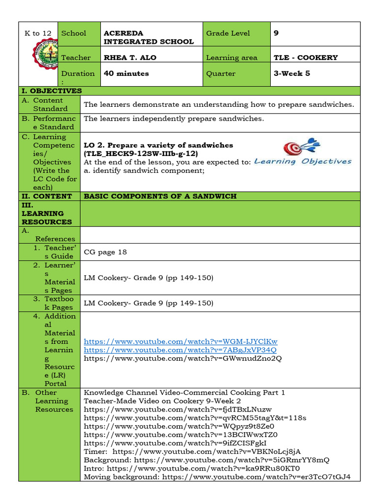 LESSON PLAN Q3-W2 TLE 9 FOR COT - For Merge | PDF | Breads | Learning
