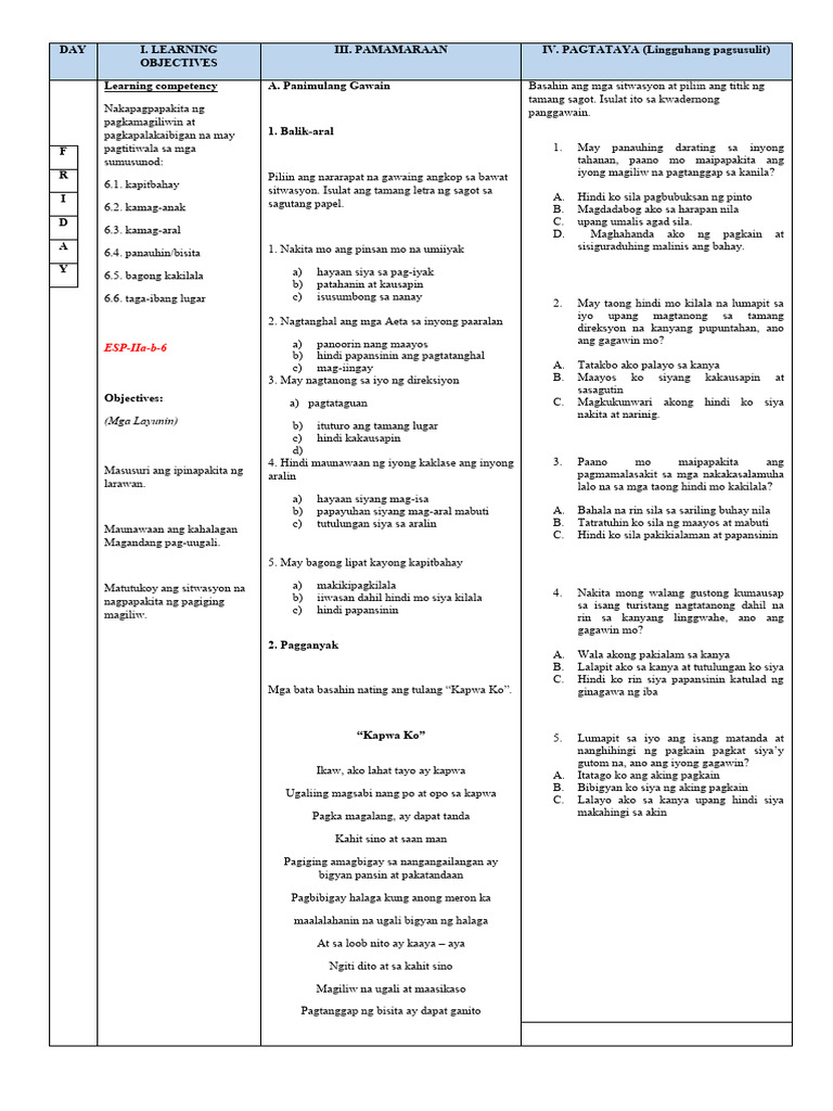 Esp-Iia-B-6: Day I. Learning Objectives Iii. Pamamaraan Iv. Pagtataya (Lingguhang Pagsusulit) | PDF